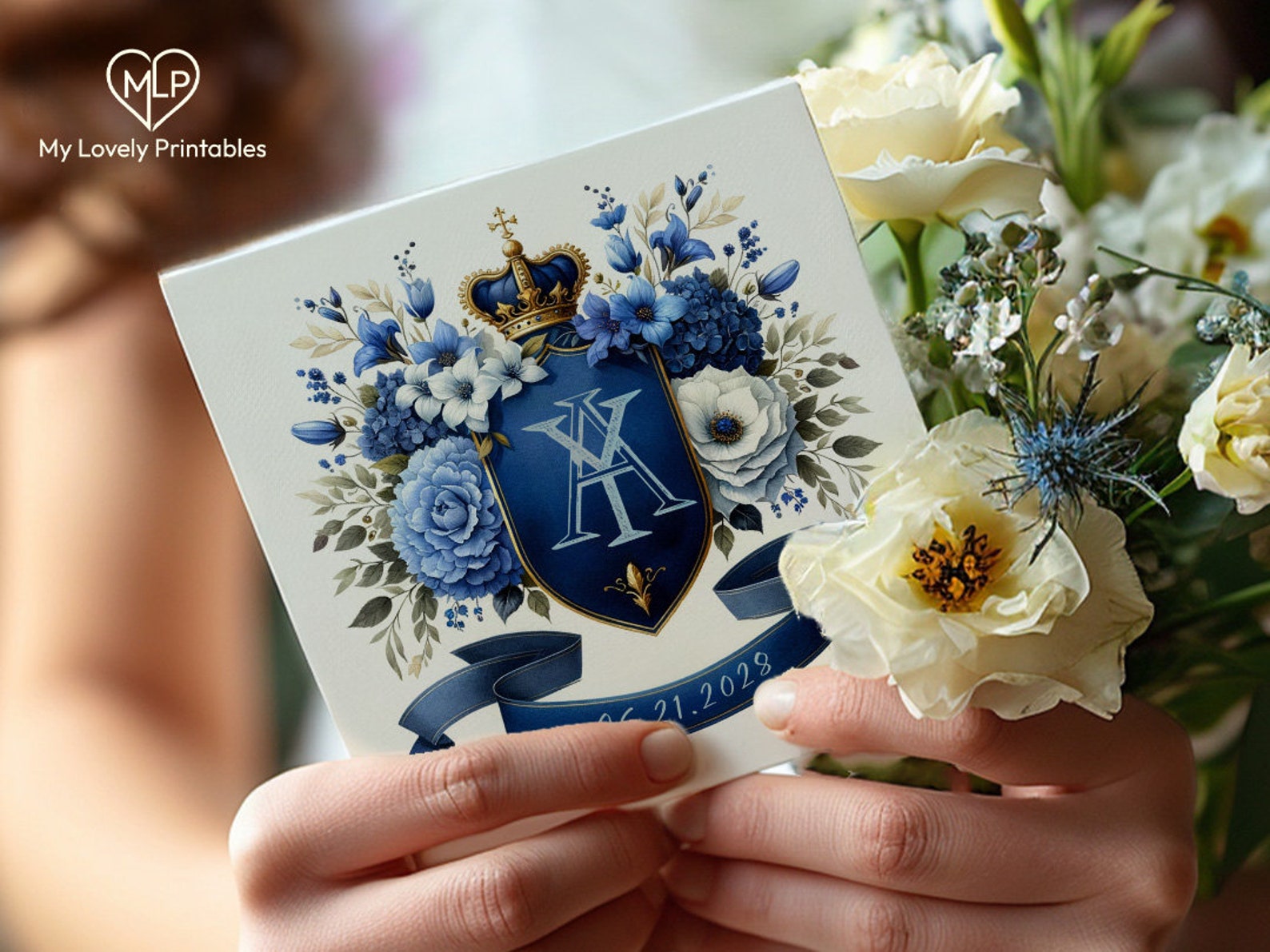 Royal Blue Elegance Watercolor Crest - Interlocked Monogram With Crown ...