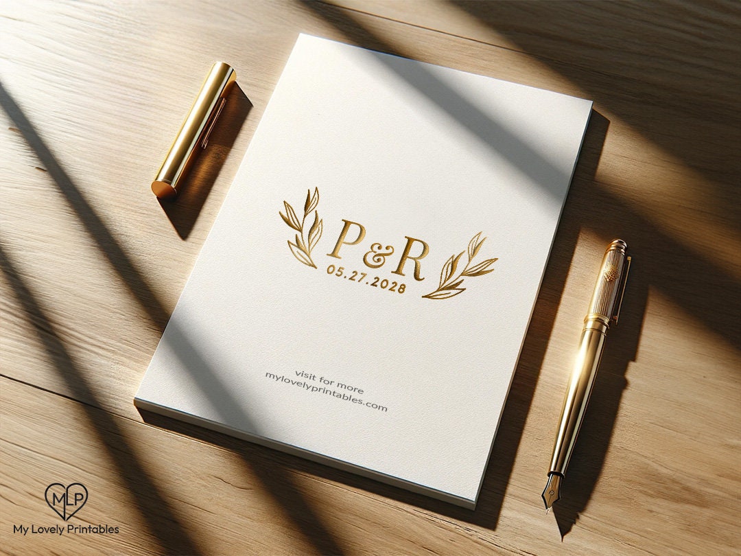 Laurel Leaf Monogram With Date, Custom P-R Initials, Timeless Wedding ...