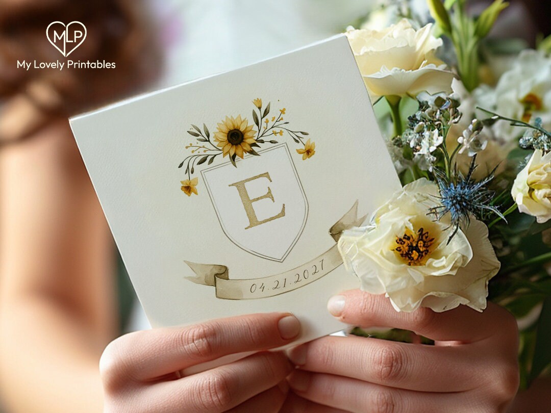 Sunflower Watercolor Wedding Crest, Custom Initial Shield, Personalized ...