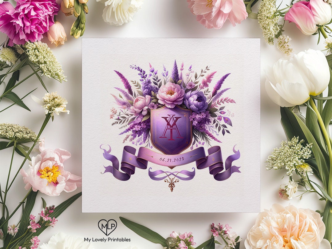 Lavish Lilac Watercolor Crest - Interlocked Initals Monogram With Lush ...