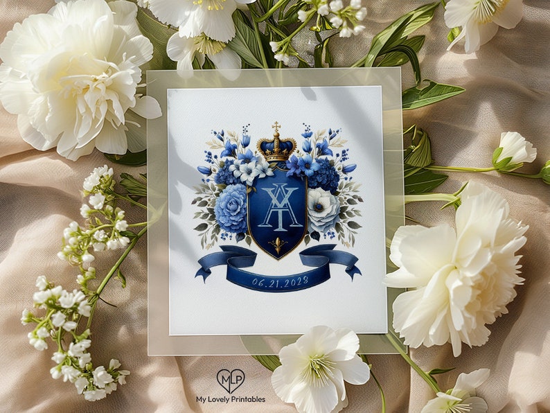 Royal Blue Elegance Watercolor Crest - Interlocked Monogram With Crown ...