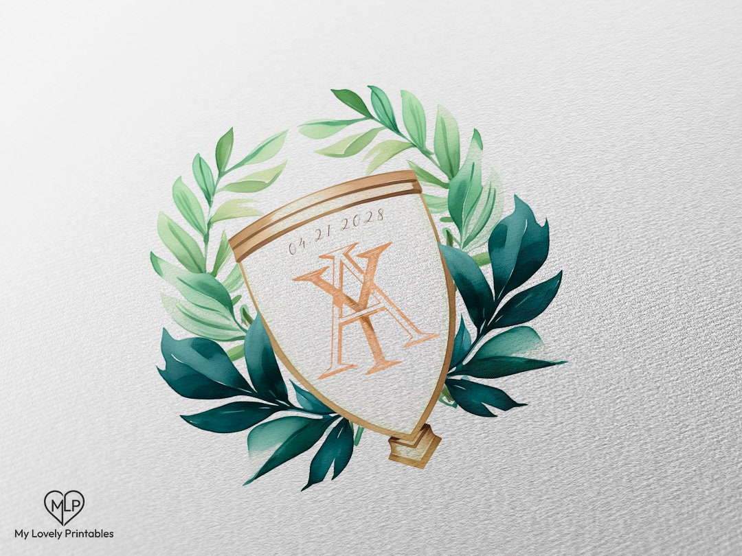 Fresh Botanical Watercolor Crest - Interlocked Initials Monogram With ...