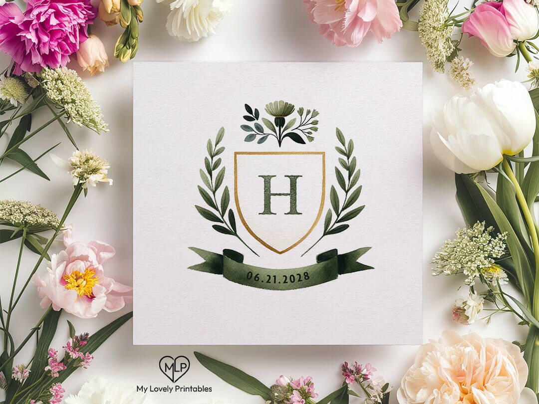 Greenery Watercolor Wedding Crest, Custom Initial Shield Logo ...