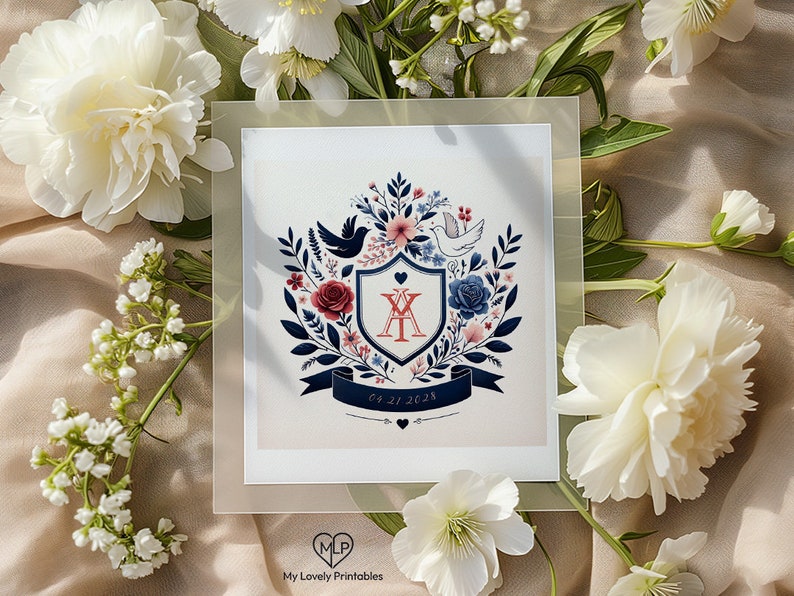 Doves and Roses Watercolor Crest, Interlocking Initials Monogram With ...