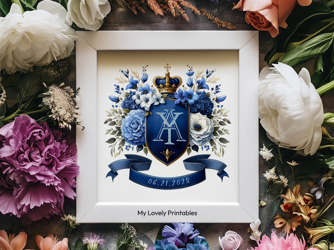 Royal Blue Elegance Watercolor Crest - Interlocked Monogram With Crown ...