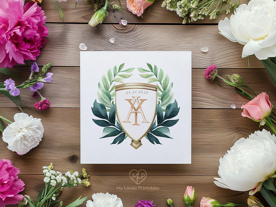 Fresh Botanical Watercolor Crest - Interlocked Initials Monogram With ...
