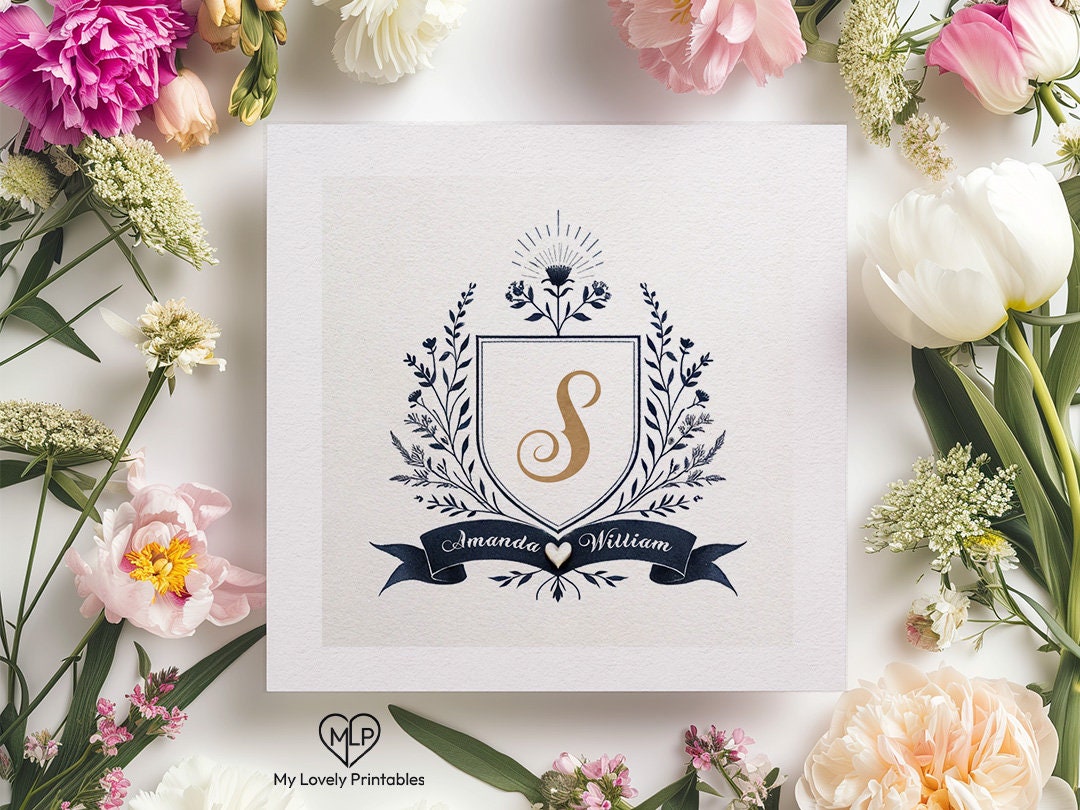 Elegant Navy and Gold Watercolor Crest - Elegant Initial Monogram With ...