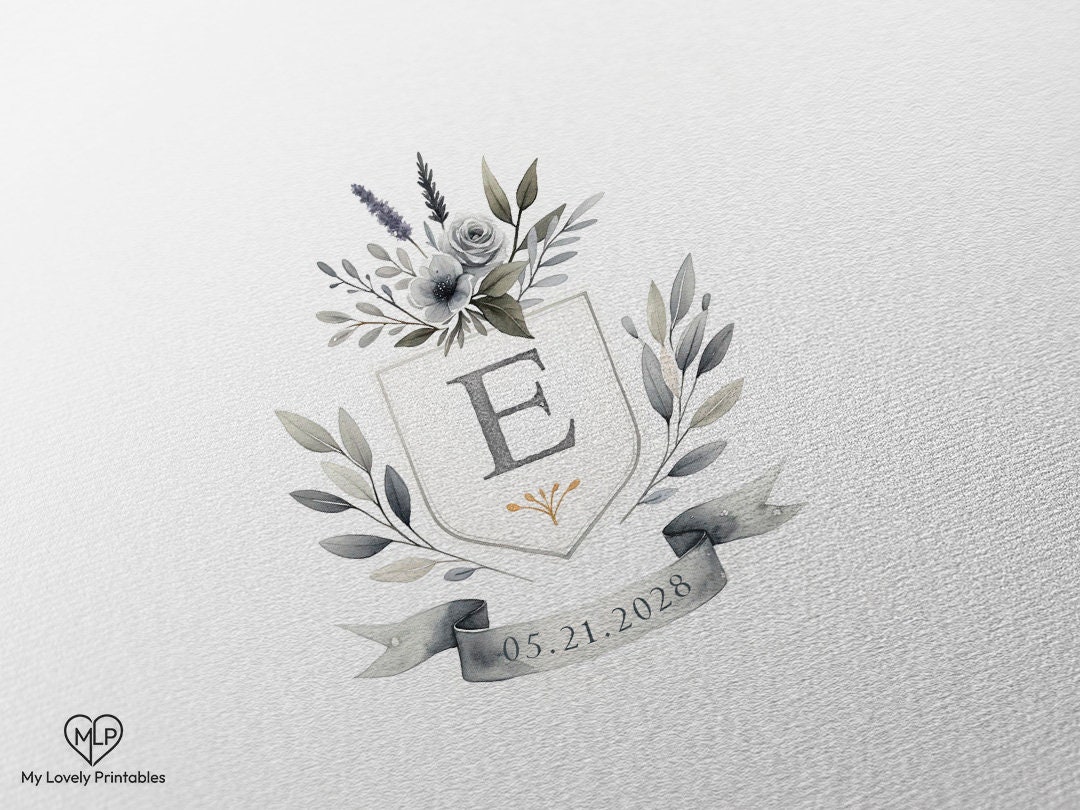 Elegant Watercolor Floral Crest, Gray Custom Initial Monogram ...