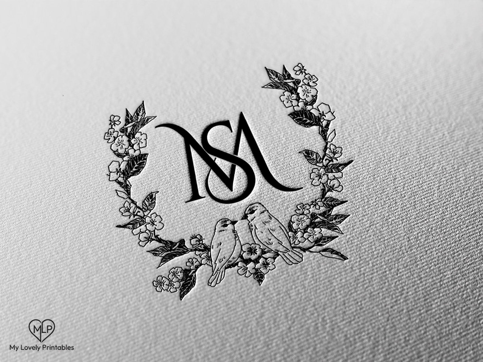 Charming Floral and Bird Monogram Crest, Custom Wedding Emblem ...