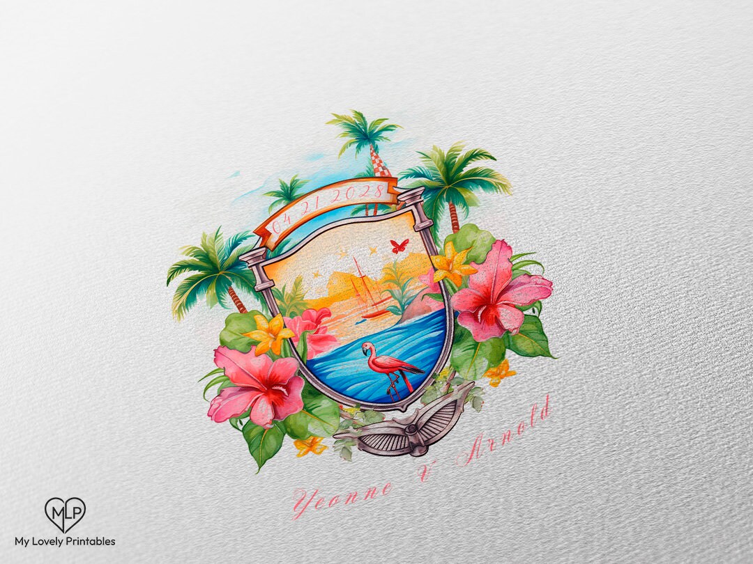 Sunset Beach Watercolor Crest With Flamingo and Tropical Florals ...