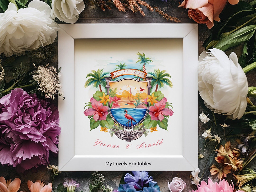 Sunset Beach Watercolor Crest With Flamingo and Tropical Florals ...