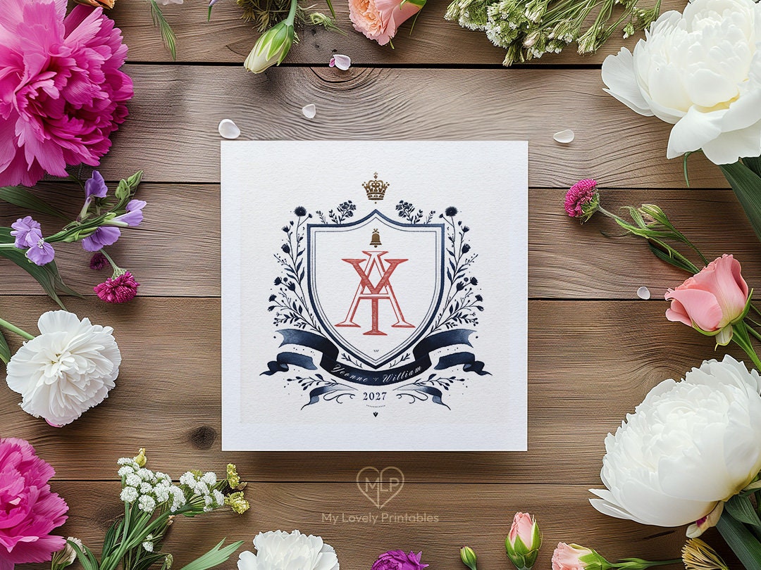 Classic Navy and Coral Monogram Crest - Regal Emblem With Crown and ...