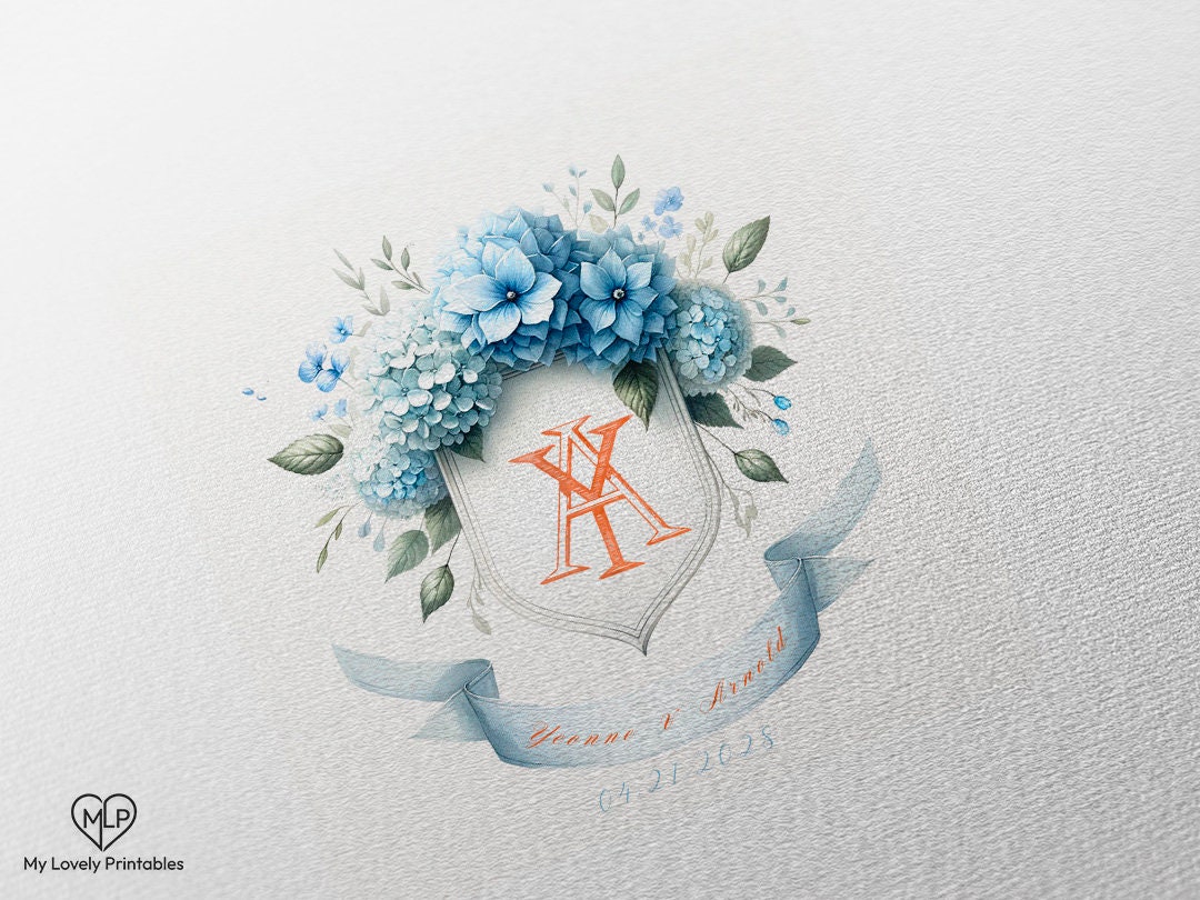 Blue Hydrangea Watercolor Crest, Intertwined Fonts Wedding Logo, Family ...