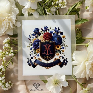 Noble Rose and Iris Watercolor Crest, Interlocked Initials Monogram ...