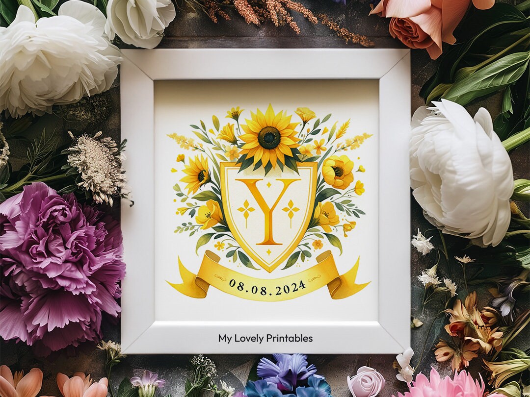 Sunny Sunflower Watercolor Crest - Bright Initial Monogram With Golden ...