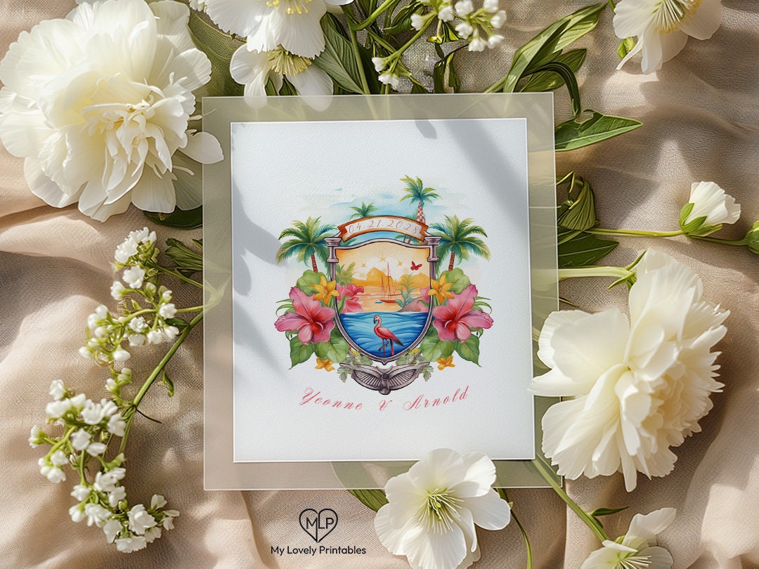 Sunset Beach Watercolor Crest With Flamingo and Tropical Florals ...