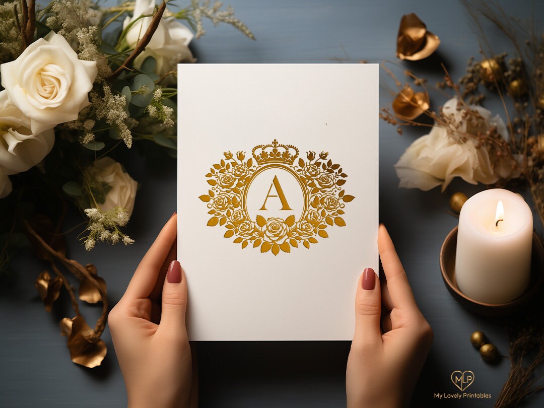 Regal Gold Crown and Roses Crest Monogram, Personalized Initial, Royal ...