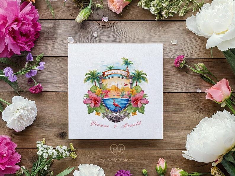 Sunset Beach Watercolor Crest With Flamingo and Tropical Florals ...