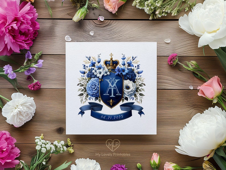 Royal Blue Elegance Watercolor Crest - Interlocked Monogram With Crown ...