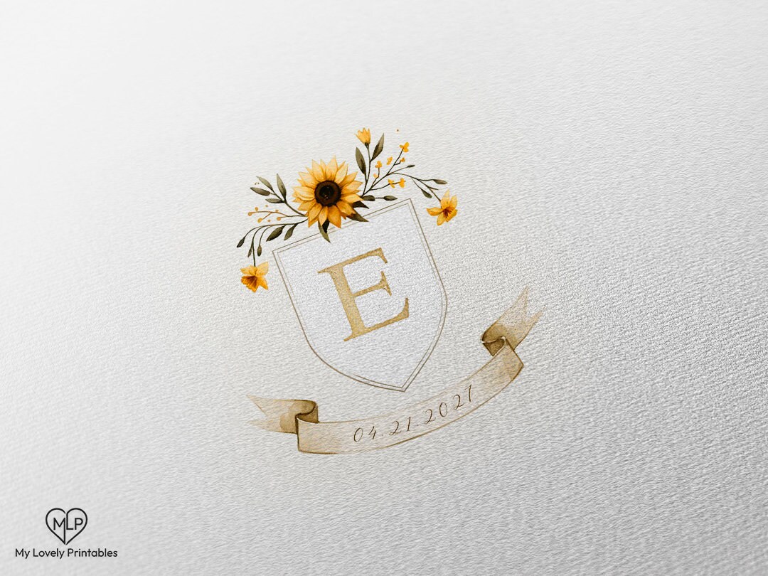 Sunflower Watercolor Wedding Crest, Custom Initial Shield, Personalized ...