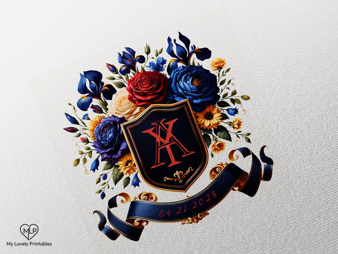 Noble Rose and Iris Watercolor Crest, Interlocked Initials Monogram ...