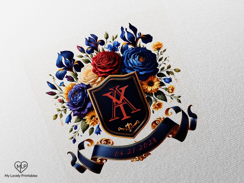 Noble Rose and Iris Watercolor Crest, Interlocked Initials Monogram ...