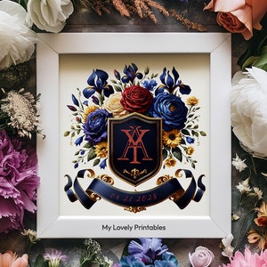 Noble Rose and Iris Watercolor Crest, Interlocked Initials Monogram ...
