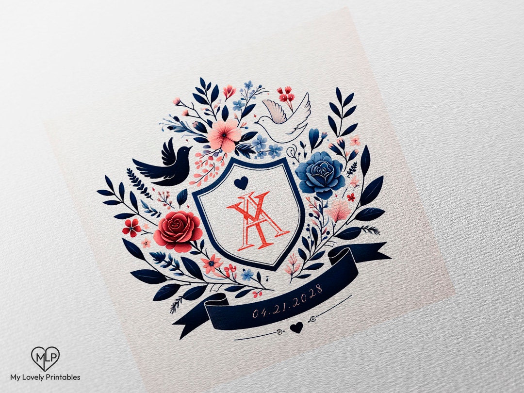 Doves and Roses Watercolor Crest, Interlocking Initials Monogram With ...
