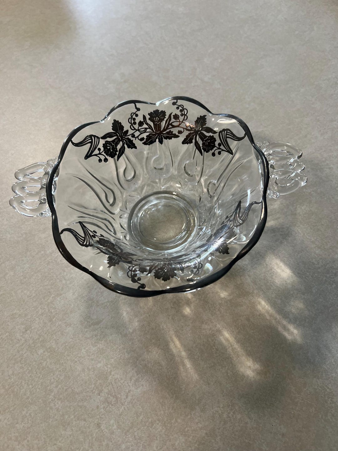 Vintage New Glass Bowl Floral Silver Overlay Handled Glass Bowl 6" - Etsy