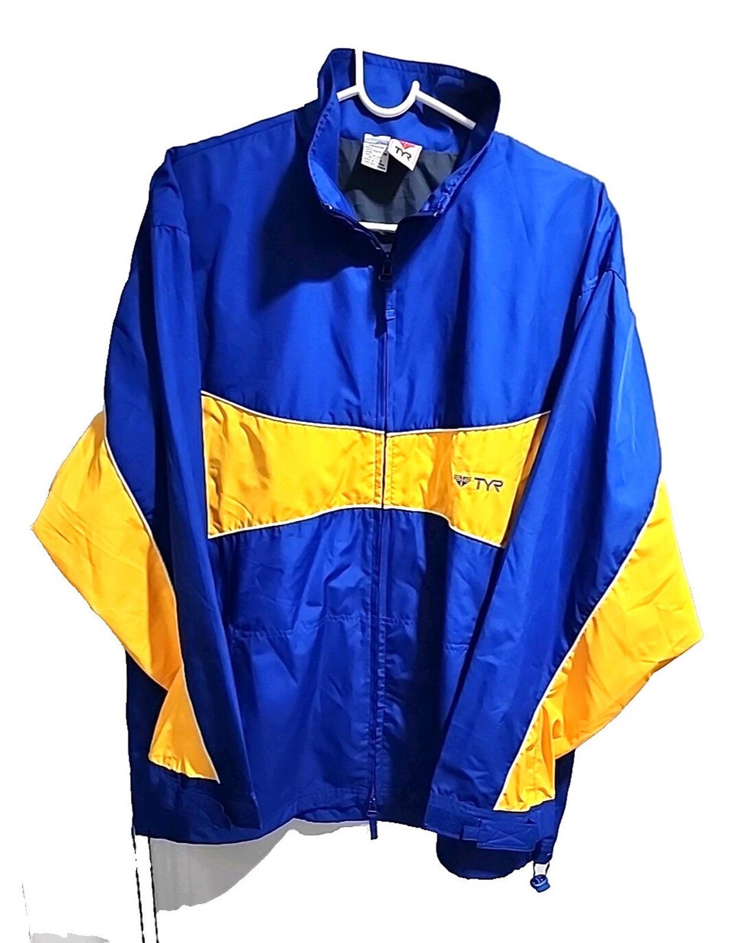 TYR Men's Hoodie Jacket Hooded Blue Yellow Windbreaker Active Actual Sz ...
