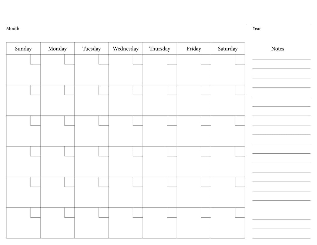 Blank Printable Calendar Template - 8.5x11 - Digital Download - Etsy