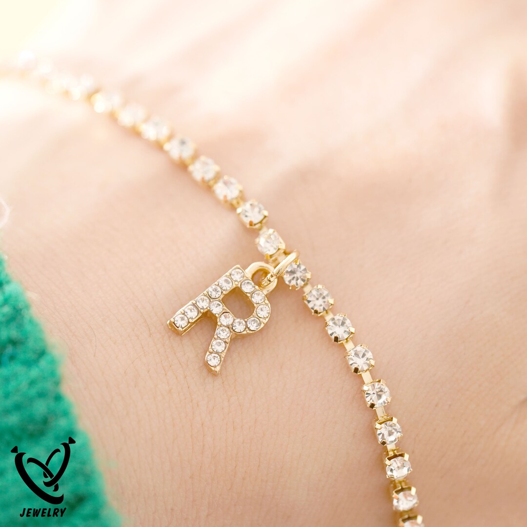 Pure Copper Pavé Diamond Initials Bracelet, Customized Letter Bracelet ...