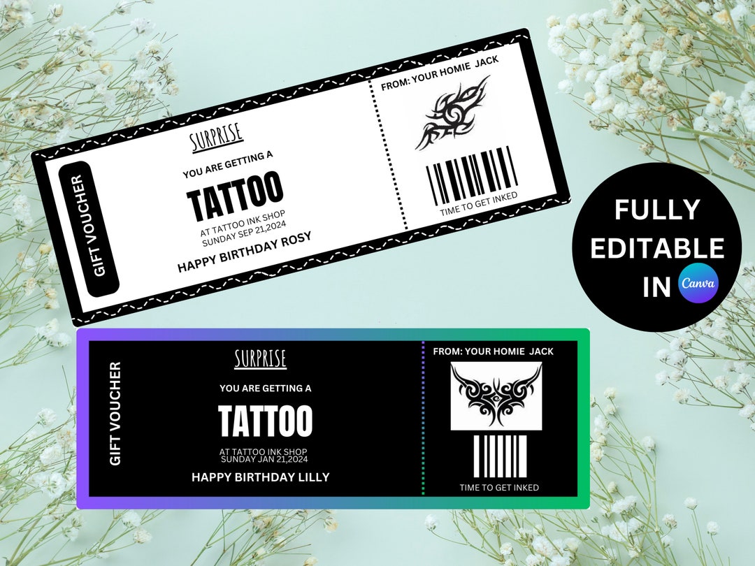 Editable Tattoo Fake Gift Voucher Ticket Canva Template Custom Ticket ...