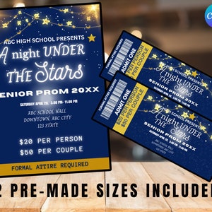Editable A Night Under the Stars Prom Flyer and Ticket Bundle, School ...