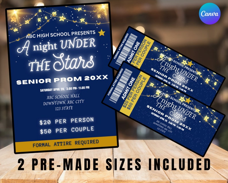 Editable A Night Under the Stars Prom Flyer and Ticket Bundle, School ...