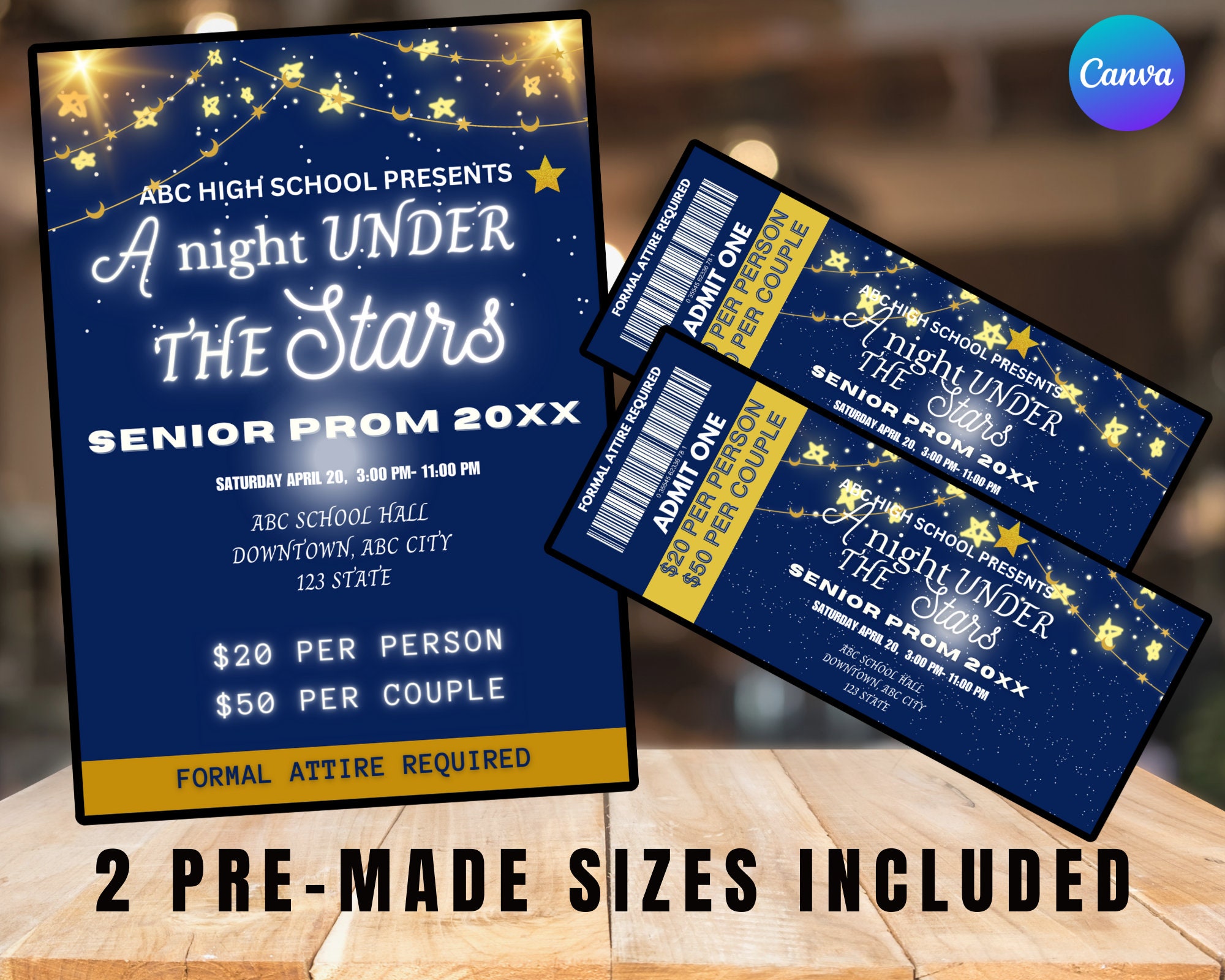 Editable A Night Under the Stars Prom Flyer and Ticket Bundle, School ...