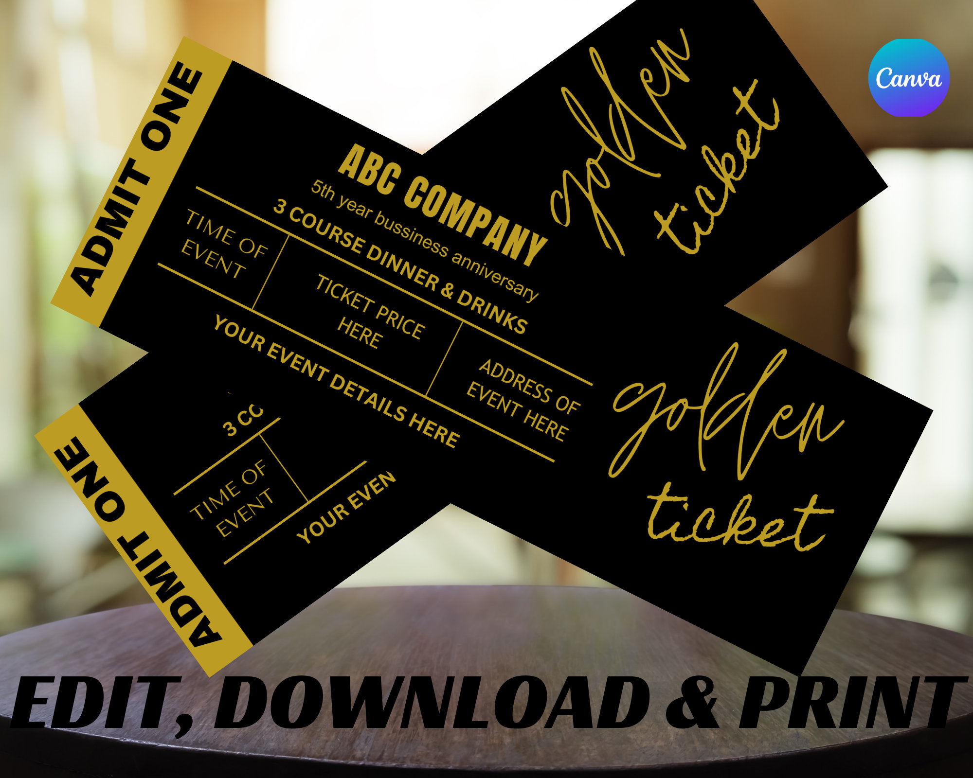 Golden Ticket Editable Template, Black and Gold Ticket Invitation ...