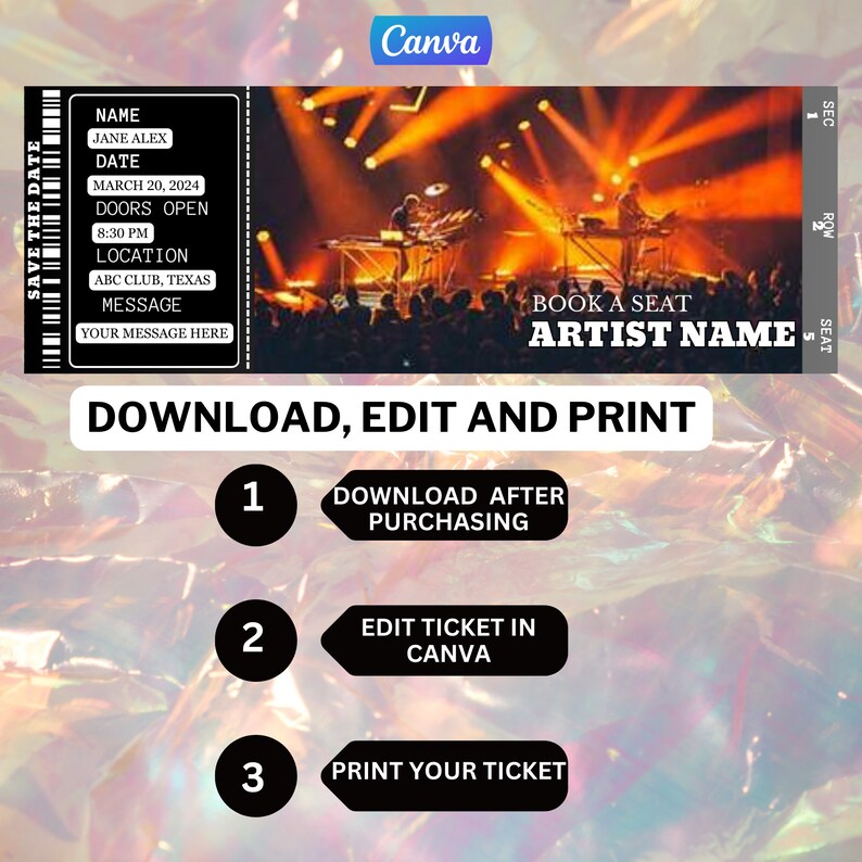 Editable Concert Ticket Canva Template, Printable Event Ticket, Concert ...