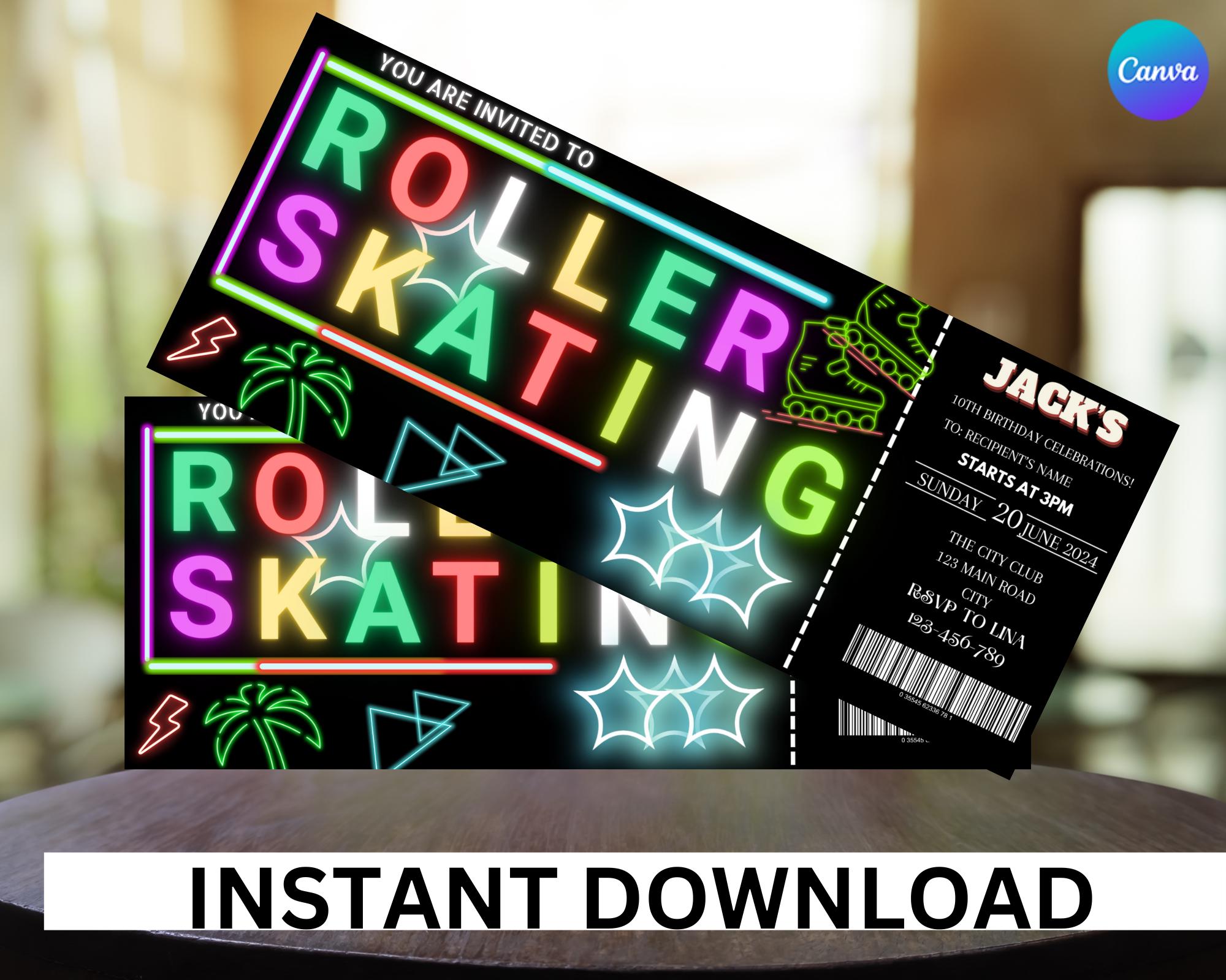 Editable Roller Skating Ticket Template Glow Party Birthday Ticket ...