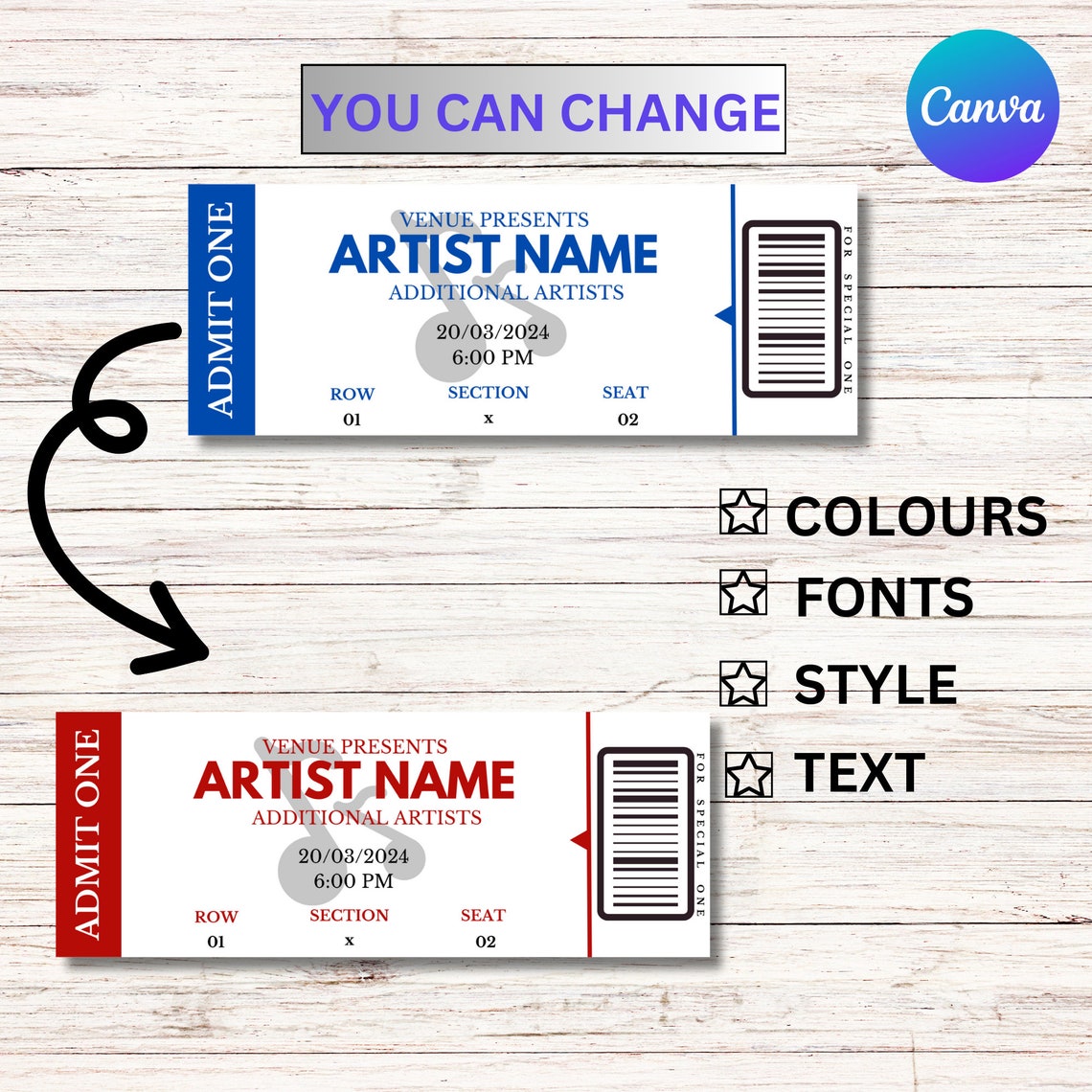 Concert Ticket Digital Download Template Fully Customizable for Print ...