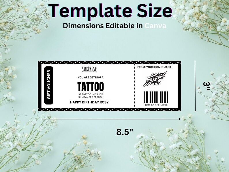 Editable Tattoo Fake Gift Voucher Ticket Canva Template Custom Ticket ...