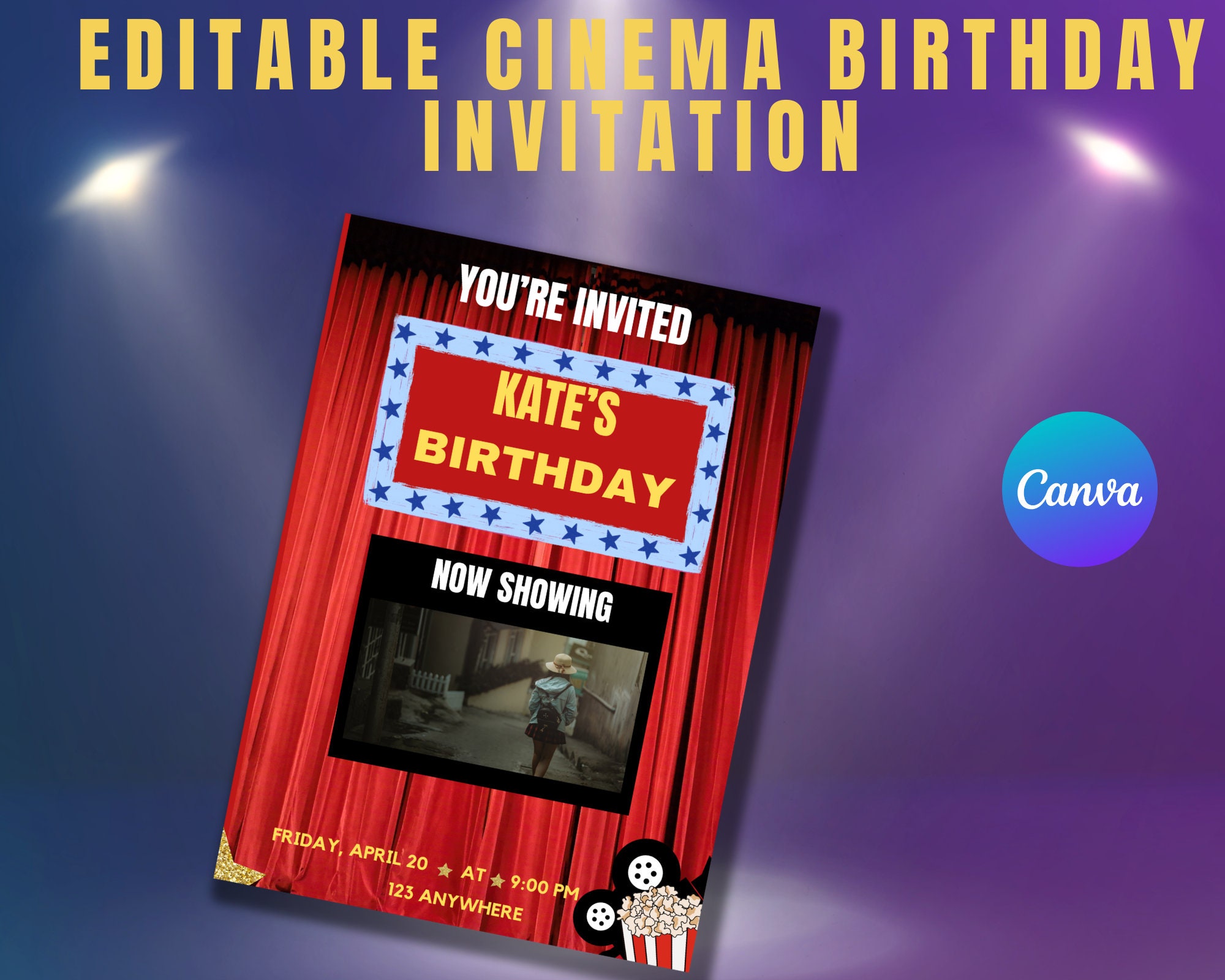 Editable Cinema Birthday Invitation, Movie Party Invitation, Cinema ...