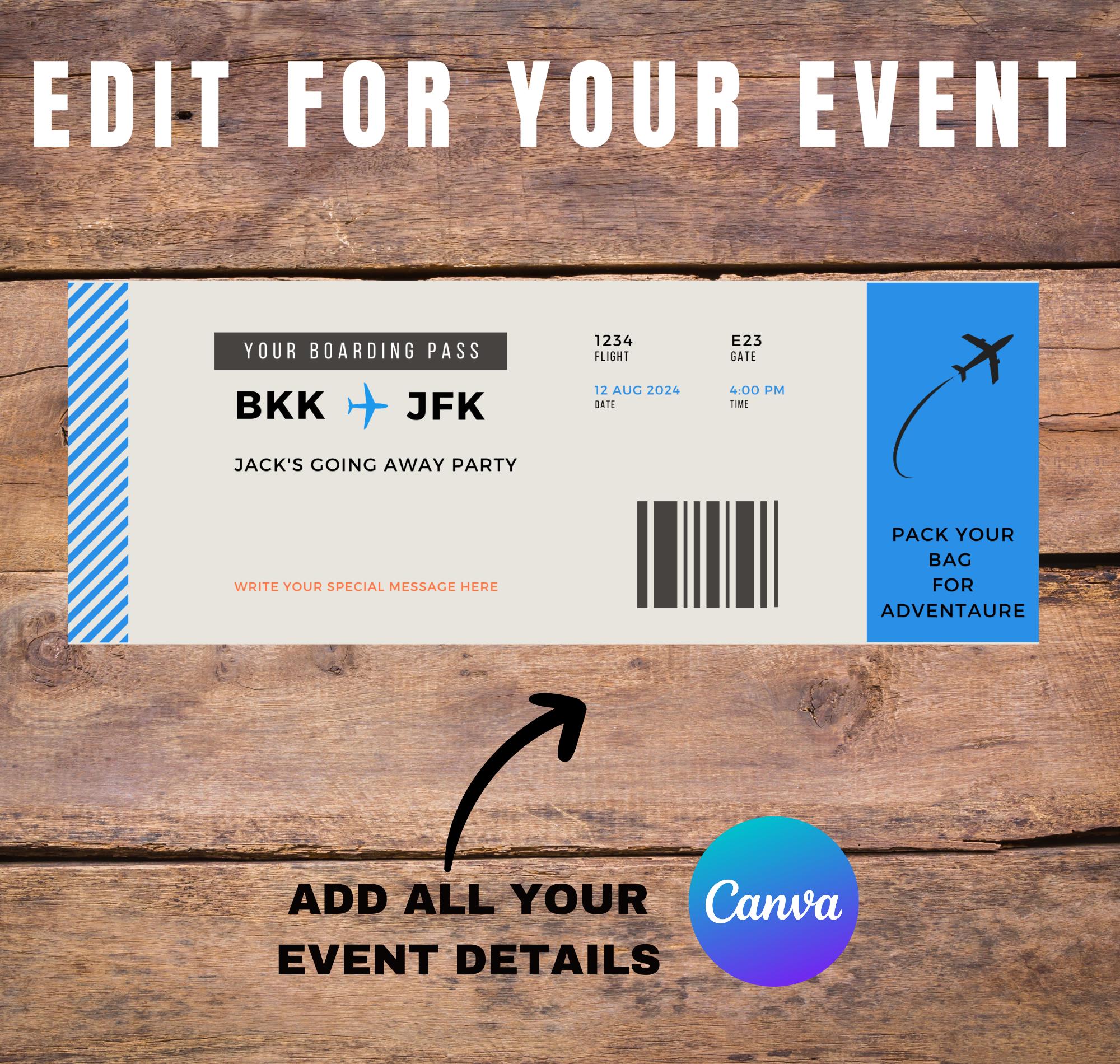 Editable Boarding Pass Canva Template, Boarding Pass Surprise Trip ...