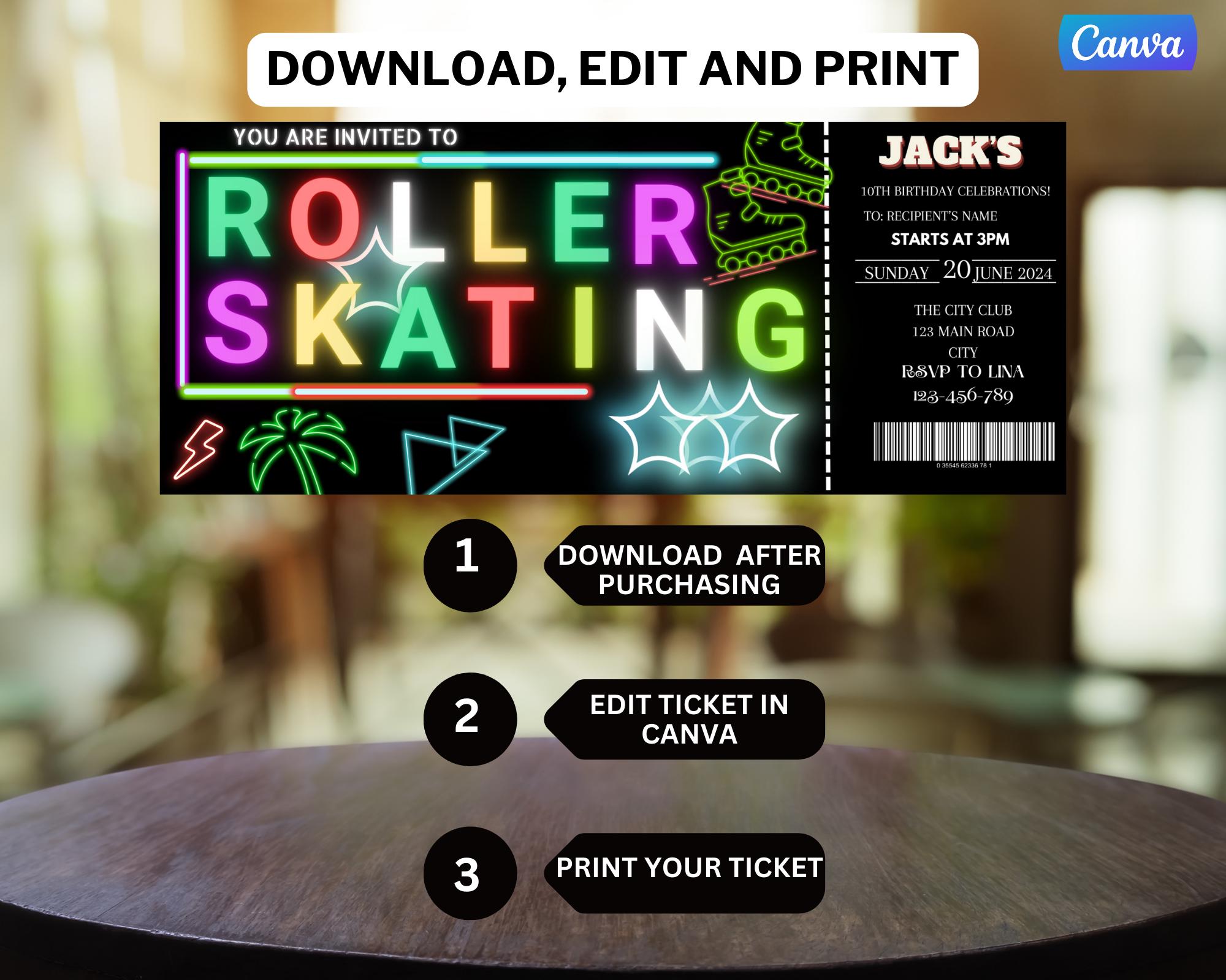 Editable Roller Skating Ticket Template Glow Party Birthday Ticket ...
