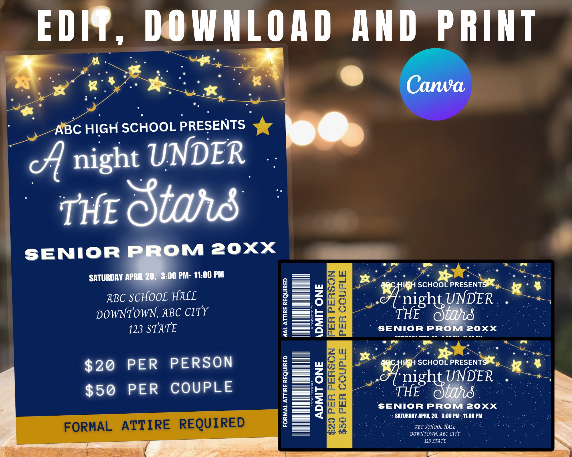 Editable A Night Under the Stars Prom Flyer and Ticket Bundle, School Dance Prom Set, Starry ...