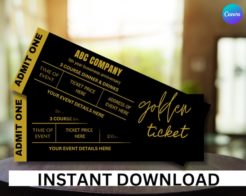 Golden Ticket Editable Template, Black and Gold Ticket Invitation ...