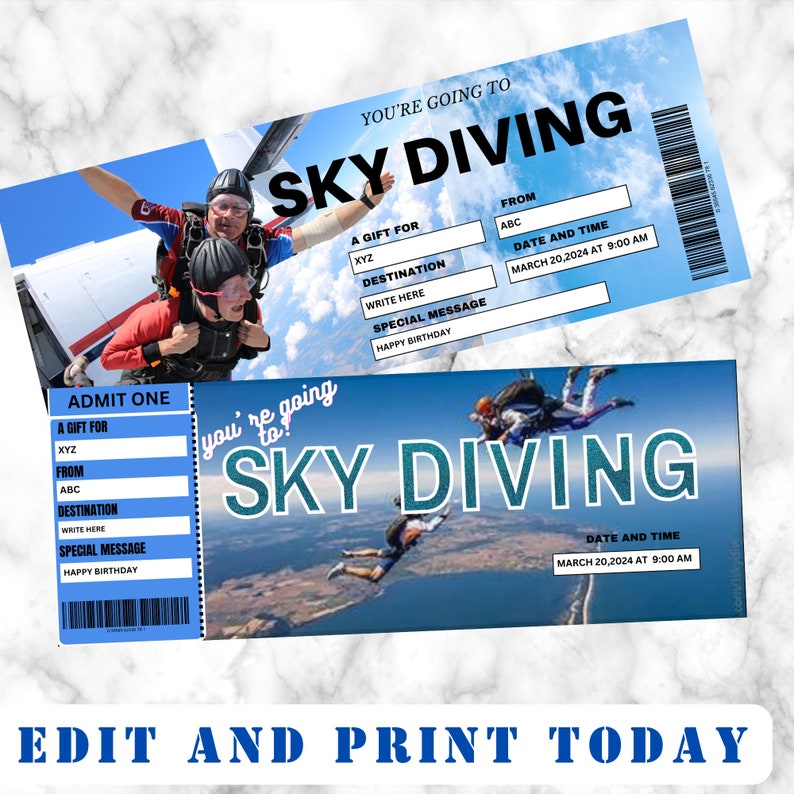Editable SKYDIVING Surprise Reveal Ticket, Gift Voucher, Editable Event ...