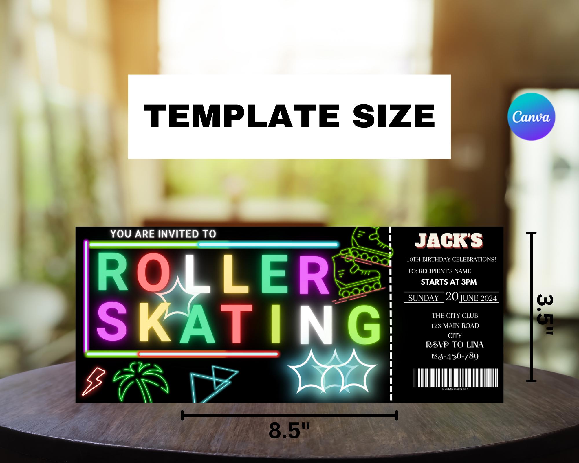 Editable Roller Skating Ticket Template Glow Party Birthday Ticket ...
