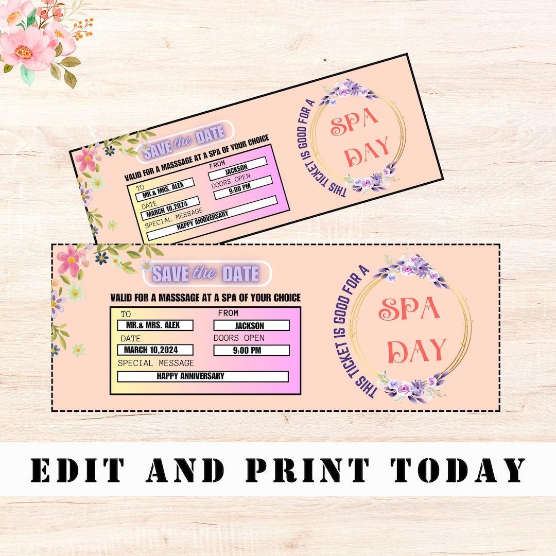 Spa Day Gift Coupon INSTANT DOWNLOAD, Editable Text Printable Voucher ...