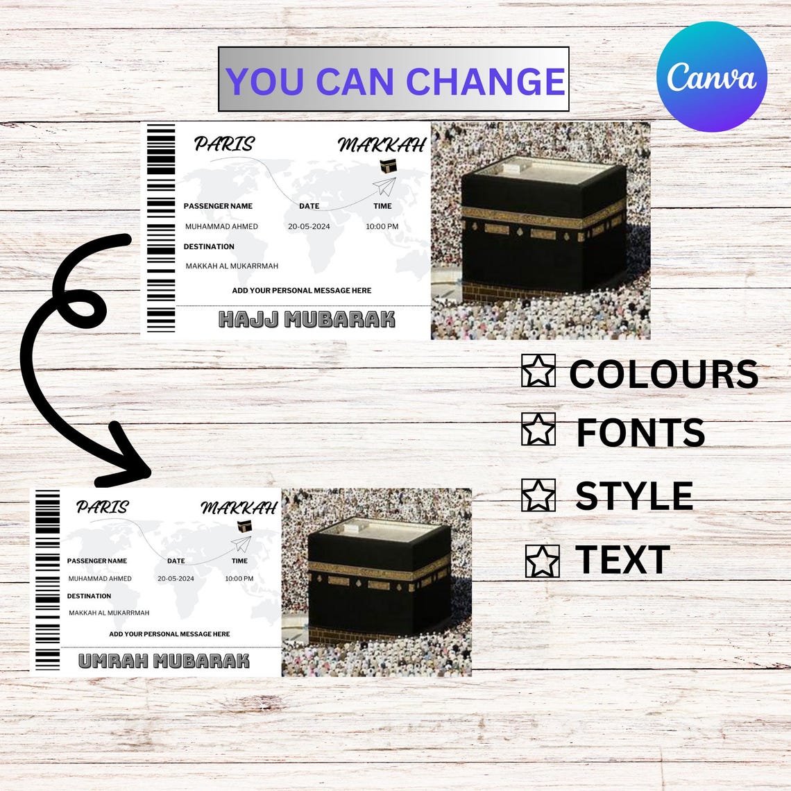 Hajj Boarding Pass, Editable Hajj Plane Ticket, Makkah Umrah Gift ...